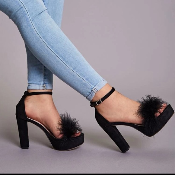 SHEIN | Shoes | Nwt Shein Turkey Feather Plush Ankle Strap Chunky Heels ...